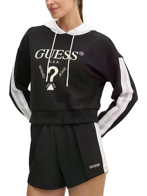 Guess Cropped Logo Embroidered Hoodie - Black