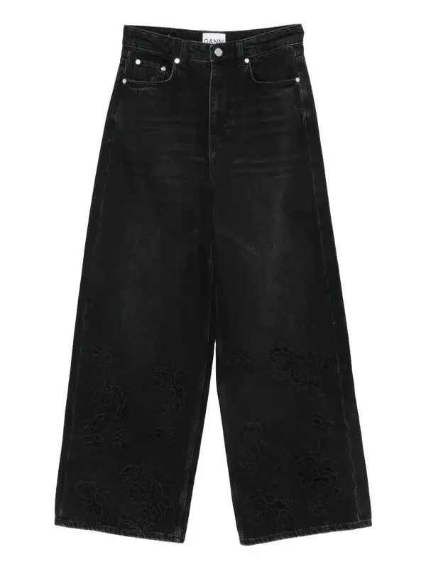 GANNI Floral Embroidered Wide-leg Jeans - Black