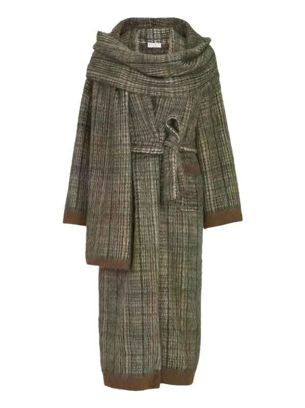 Brunello Cucinelli Mohair And Wool Prince-of-wales Double-knit Coat With Scarf - Neutrals