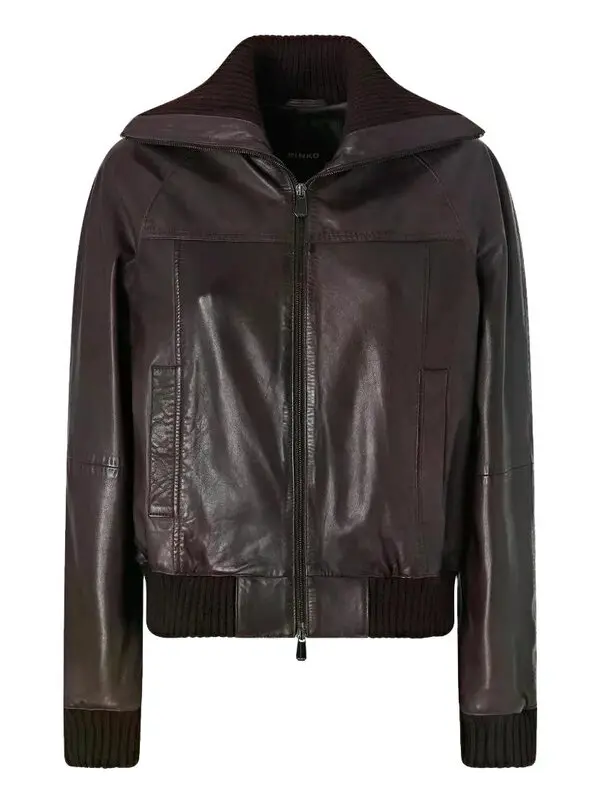 Pinko Ribbed-trim Leather Jacket - Black