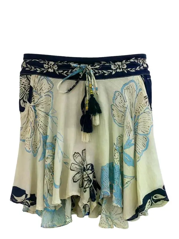 PAHIESA FORMENTERA Ecru Floral Print Tassel Detail Shorts - Neutrals