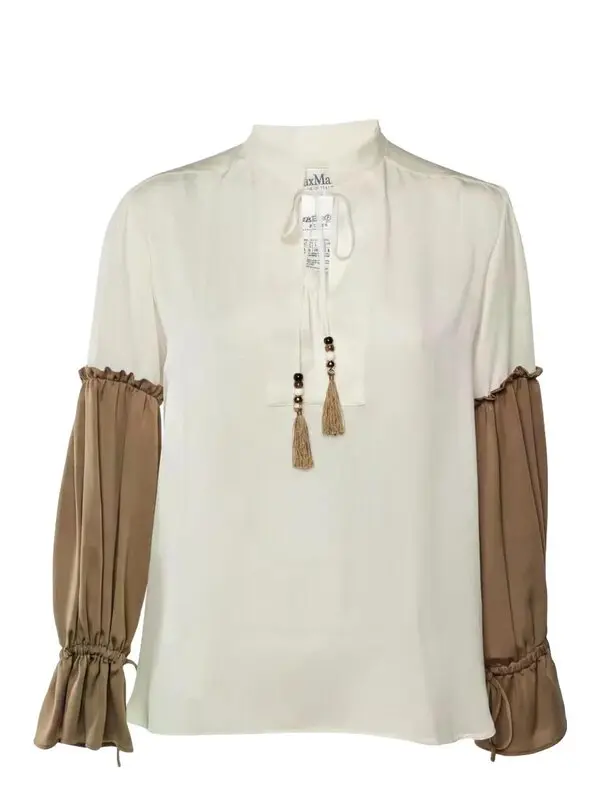 Max Mara Tasseled Blouse With V-neck And Front Tie - Neutrals