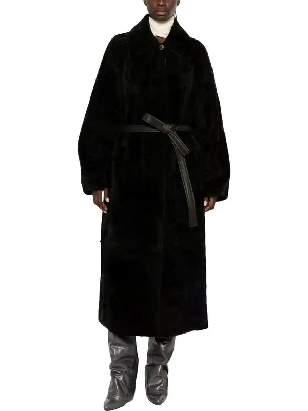 BLANCHA Belted Shearling Coat - Brown