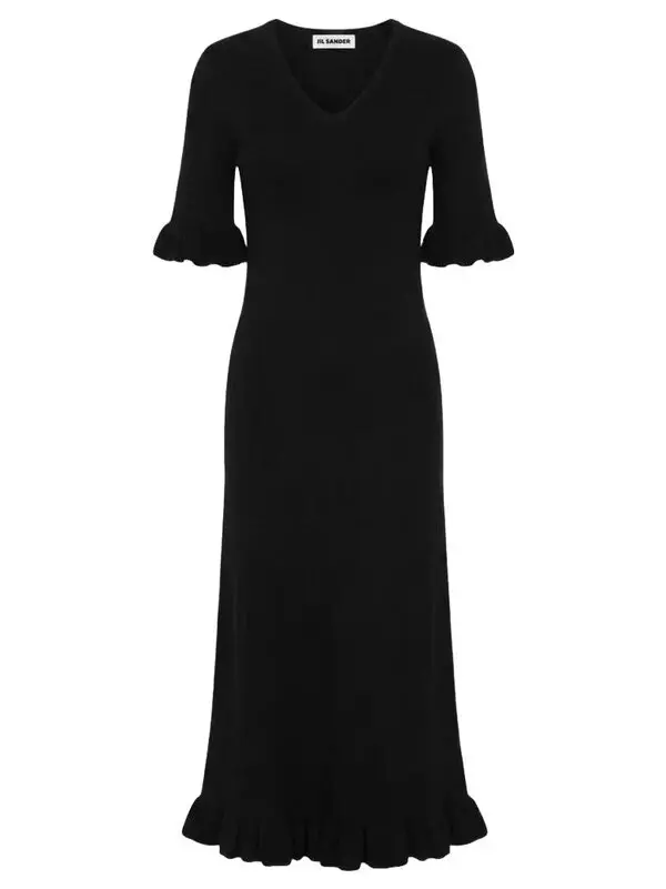 JIL SANDER V-neck Ruffle Trim Maxi Dress - Black