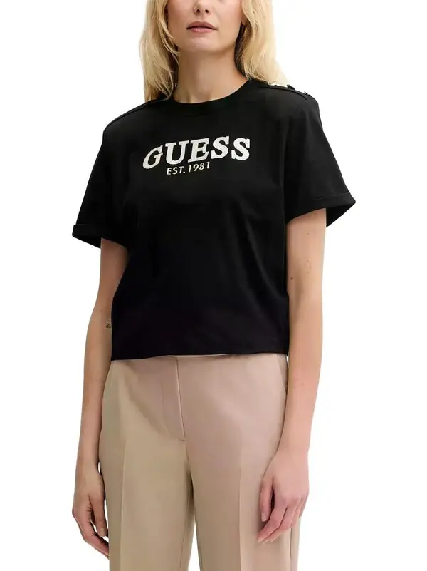 Guess Logo Print T-shirt With Button Detailing - Black