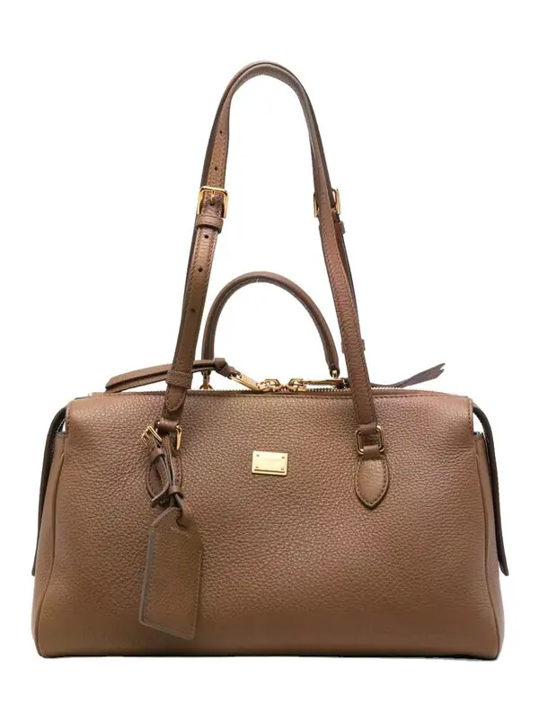 Dolce & Gabbana Logo Plaque Pebbled Leather Tote Bag - Brown