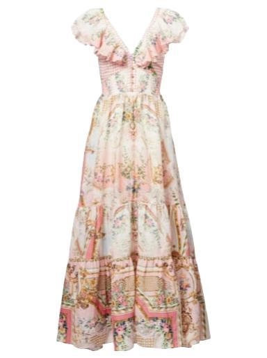 Camilla Tiered Linen Maxi Dress With Plunging V-neckline And Flared Skirt - No
