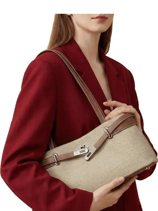 PRENELOVE Genuine Leather & Linen Handbag - Black