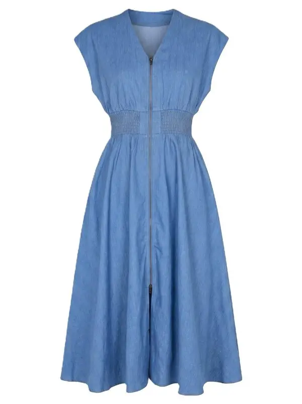 MODENAIRE Smocked Waist Denim Midi Dress - Blue