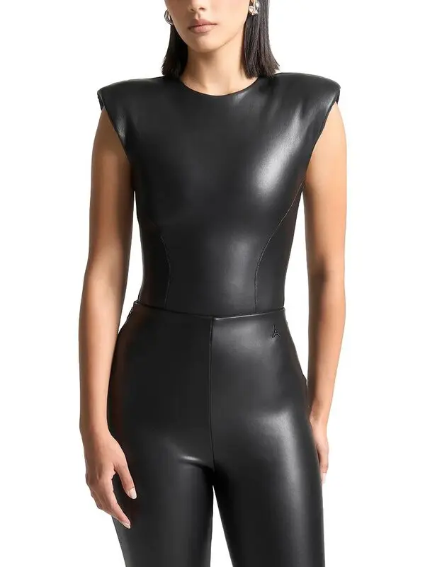 Manière De Voir Manierère De Voir Exaggerated Shoulder Vegan Leather Bodysuit - Black