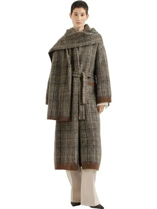 Brunello Cucinelli Mohair And Wool Prince Of Wales Double Knit Coat With Scarf - Brown