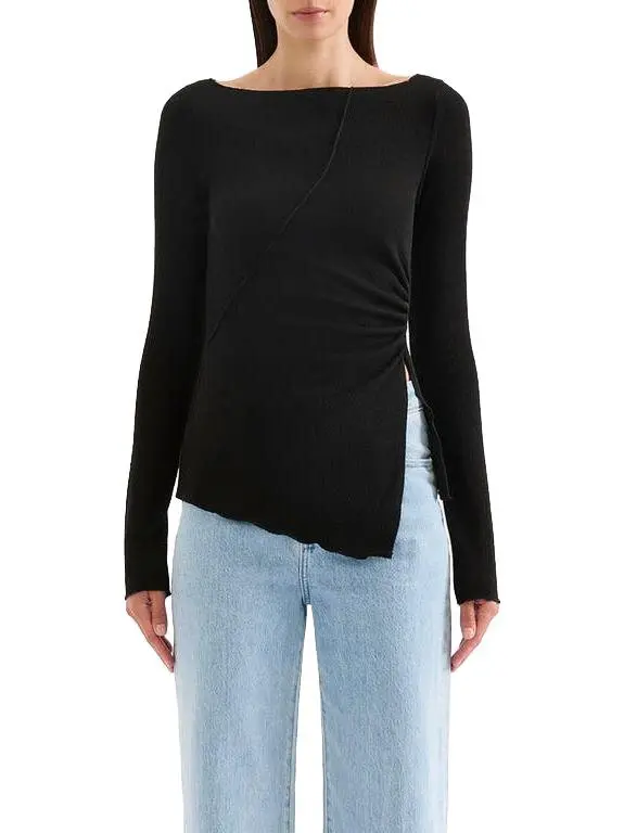 Nude Lucy Cora Long Sleeve Top Boatneck Asymmetrical Knit - Black