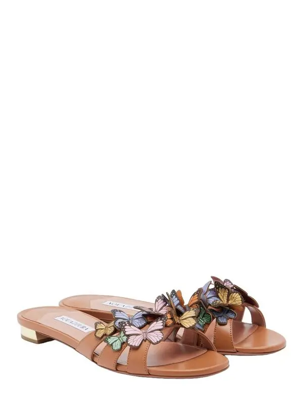 AQUAZZURA Papillon Applique Leather Slides - Brown