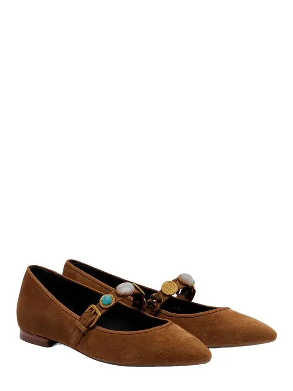 Veronica Beard Embellished Suede Mary Jane Flats - Brown