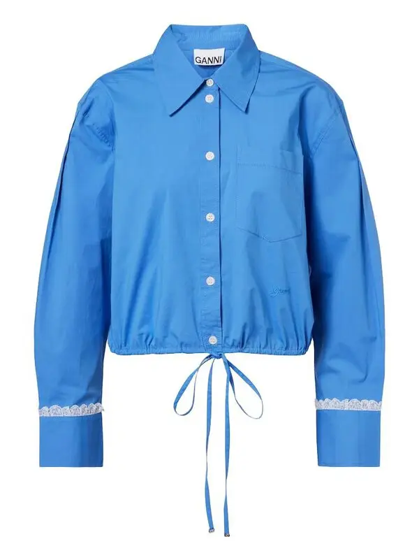 GANNI Cotton-blend Shirt With Lace Trim And Drawstring Hem - Blue