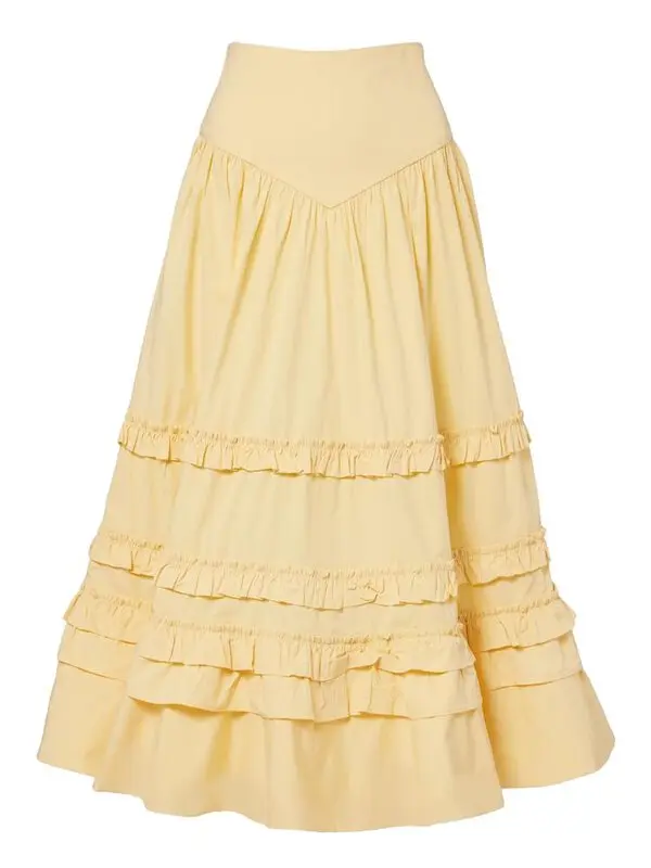 GANNI Cotton-blend Ruffled Shirred Tiered Midi Skirt - Yellow