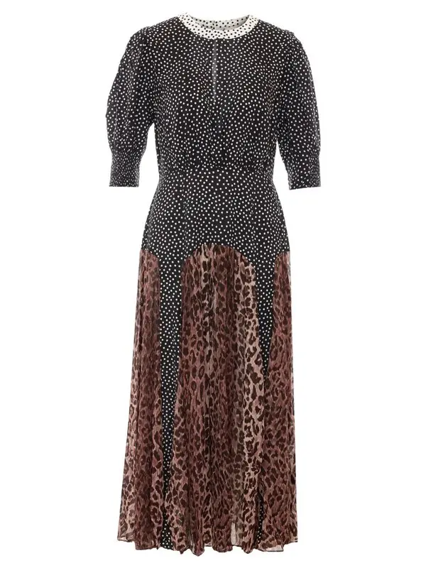 Rixo Polka Dot And Leopard Print Patchwork Maxi Dress - Black