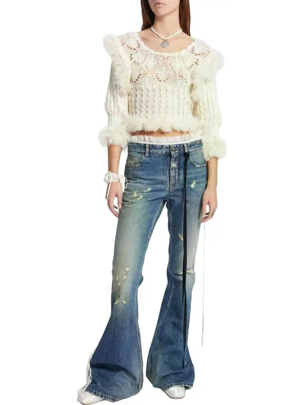 ANN DEMEULEMEESTER Feather-trim Pointelle-knit Sweater - Neutrals