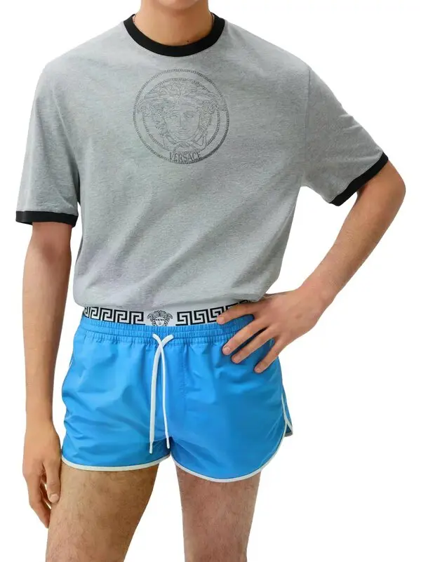 Versace Double Waistband Swim Shorts With Greca Border And Medusa Motif - Blue