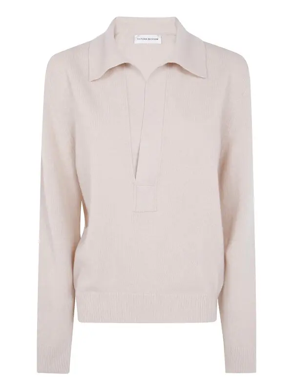Victoria Beckham Polo Collar Merino Wool Jumper - Beige