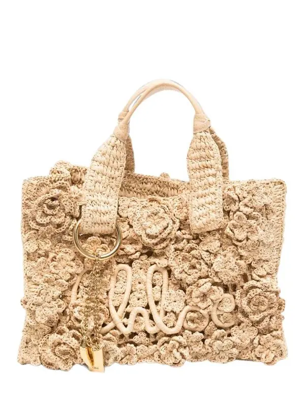Chloé Raffia Handbag With Embroidered Flowers - Beige