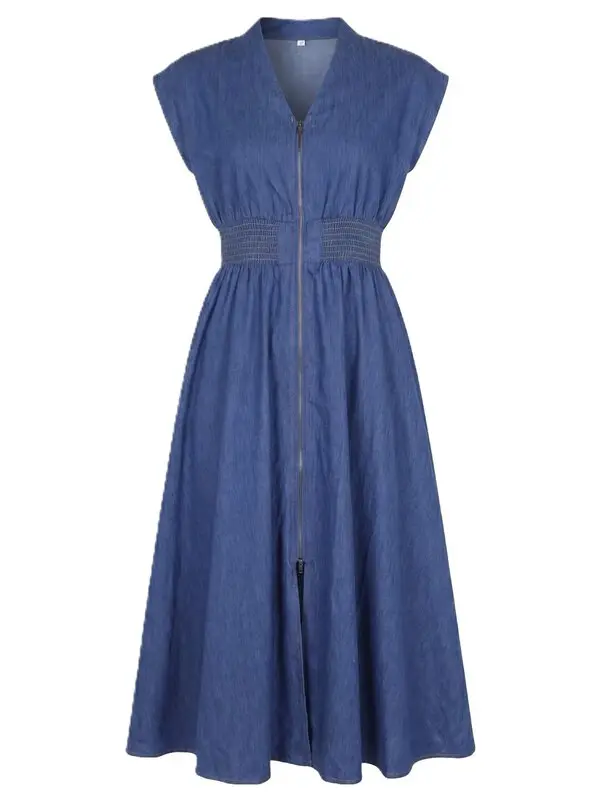 MODENAIRE Sleeveless Zip-front Denim Midi Dress - Blue