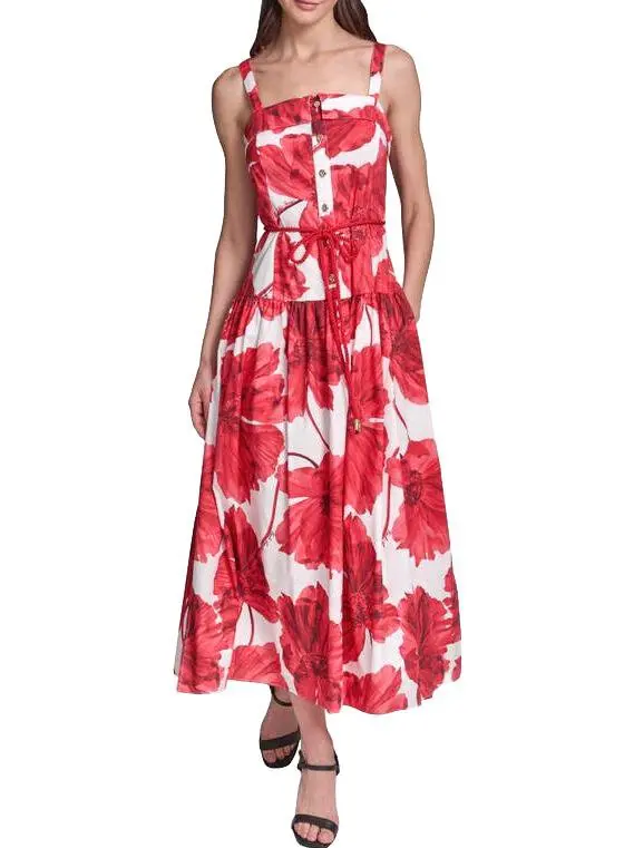 Karl Lagerfeld Paris Sleeveless Floral Print Midi Dress With Belt - Tomato Multi