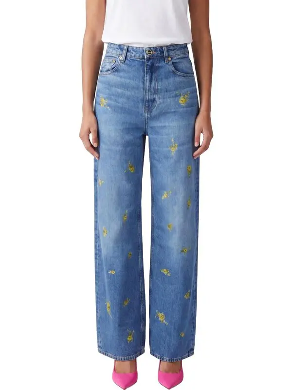 GANNI Wide Leg Jeans With Floral Embroidery - Beige