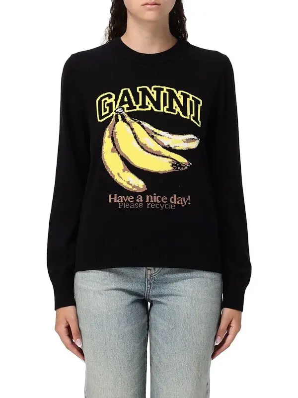 GANNI Cotton Crewneck Sweatshirt With Jacquard Logo - Black
