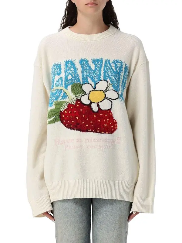GANNI Relaxed Fit Recycled Wool-blend Jumper With Jacquard Logo - Ivory
