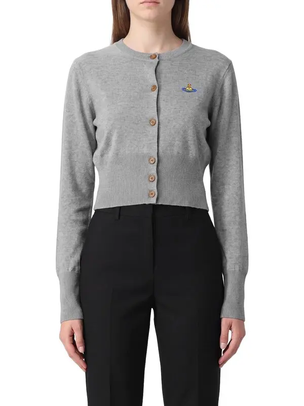 VIVIENNE WESTWOOD Slim Fit Cotton And Cashmere Cardigan With Orb Logo - Grey