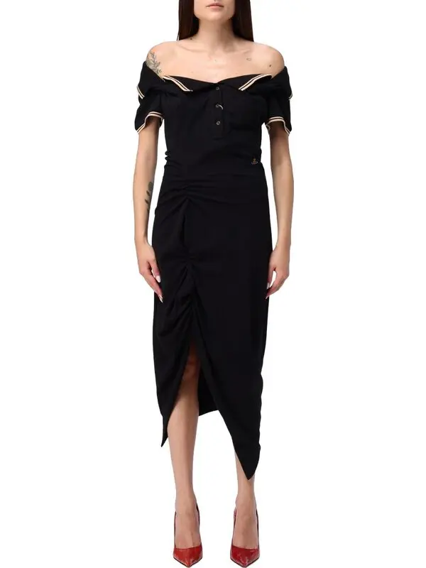 VIVIENNE WESTWOOD Asymmetrical Cotton Midi Dress With Boat Neckline - Black