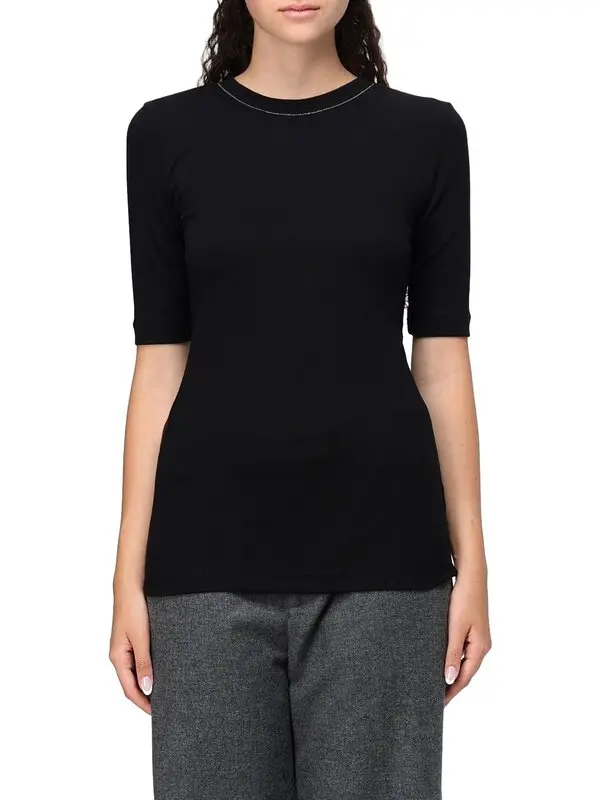 Brunello Cucinelli Stretch Cotton T-shirt With Monili Embellishment - Black