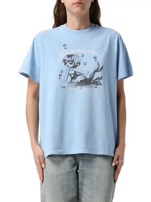 GANNI Short-sleeved Cotton T-shirt With Contrasting Logo Print - Gnawed Blue