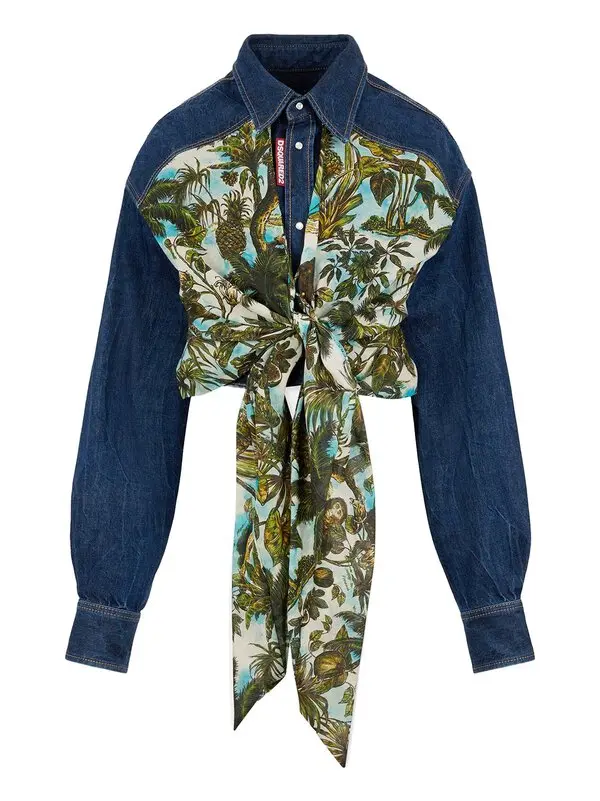 Dsquared2 Monkey Business Denim Mix Cropped Shirt - Blue