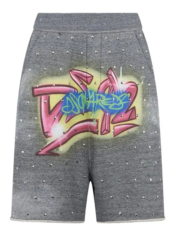 Dsquared2 Rebel Graffiti Studded Shorts - Grey