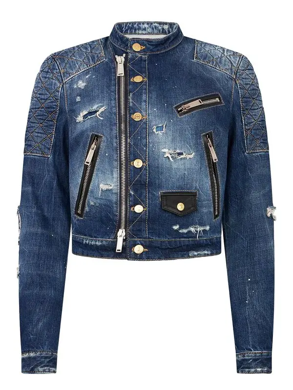 Dsquared2 Distressed Denim Biker Jacket - Blue
