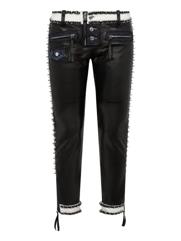 Dsquared2 Leather Biker Pants With Studded Outseams And Denim Detailing - Black