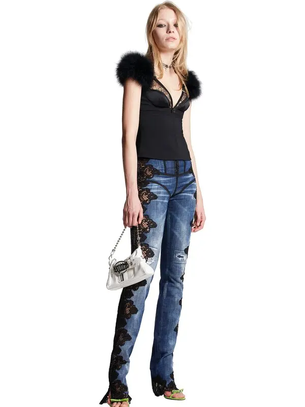 Dsquared2 Cloudy Wash Lace Trim Sharpei Jeans - Blue