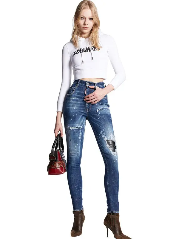 Dsquared2 Dark Ripped Leather Patch Twiggy Jeans - Blue