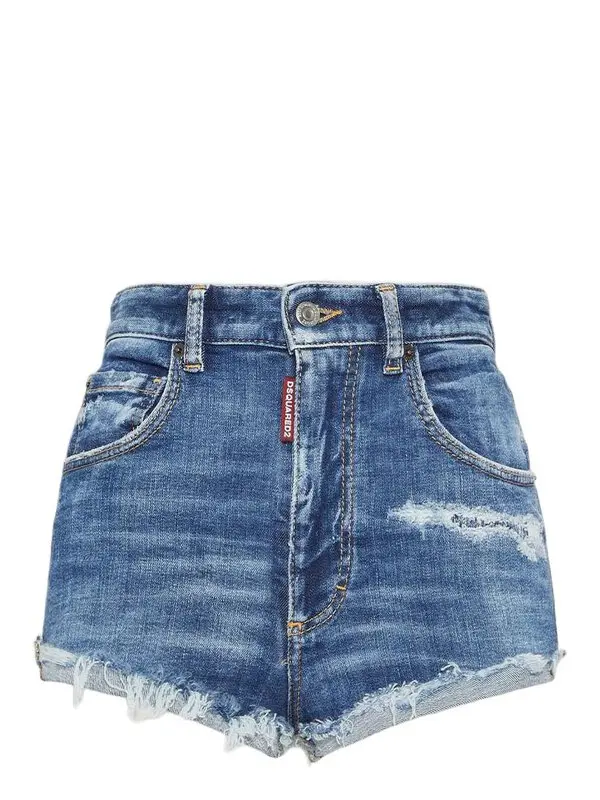 Dsquared2 Medium Wash High Waist Hot Pants With Distressed Details - Blue