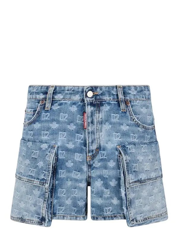 Dsquared2 Light Wash Monogram Cargo Denim Shorts - Blue