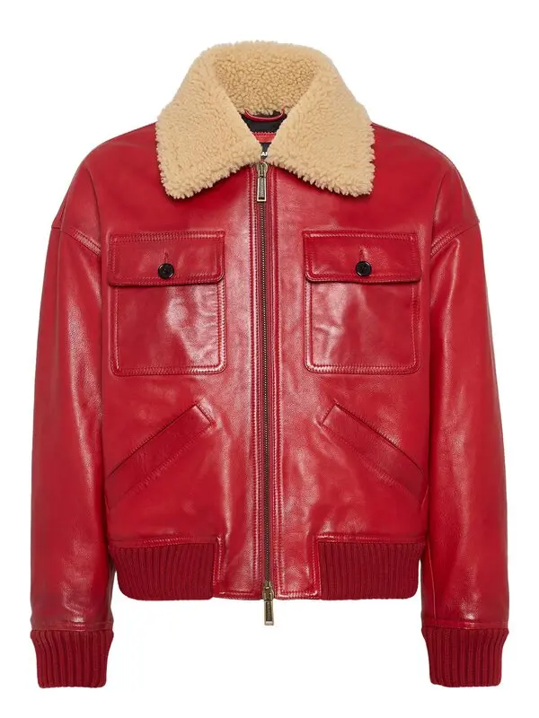 Dsquared2 Leather Aviator Bomber Jacket With Lambskin Collar - Red