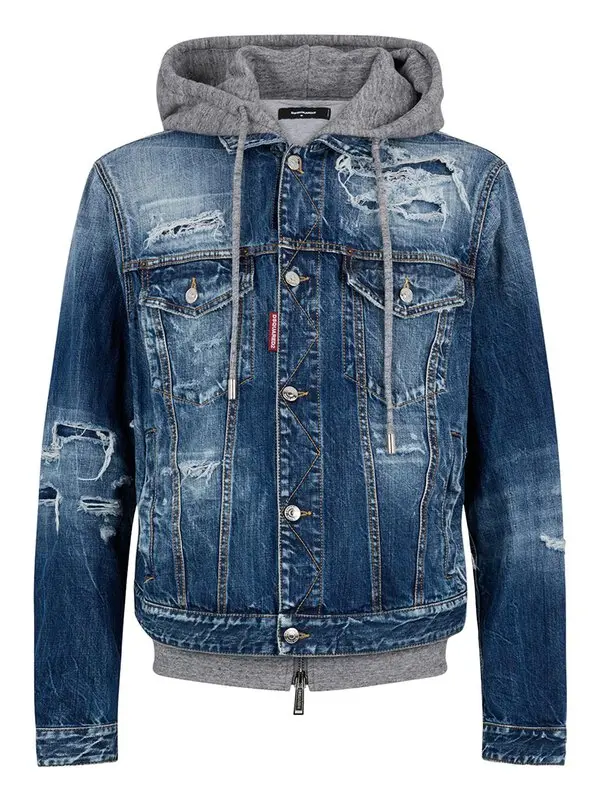 Dsquared2 Medium Ripped Wash Denim Jacket With Jersey Insert - Blue