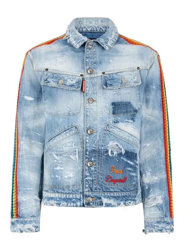 Dsquared2 Distressed Denim Jacket With Rainbow Stripes - Blue
