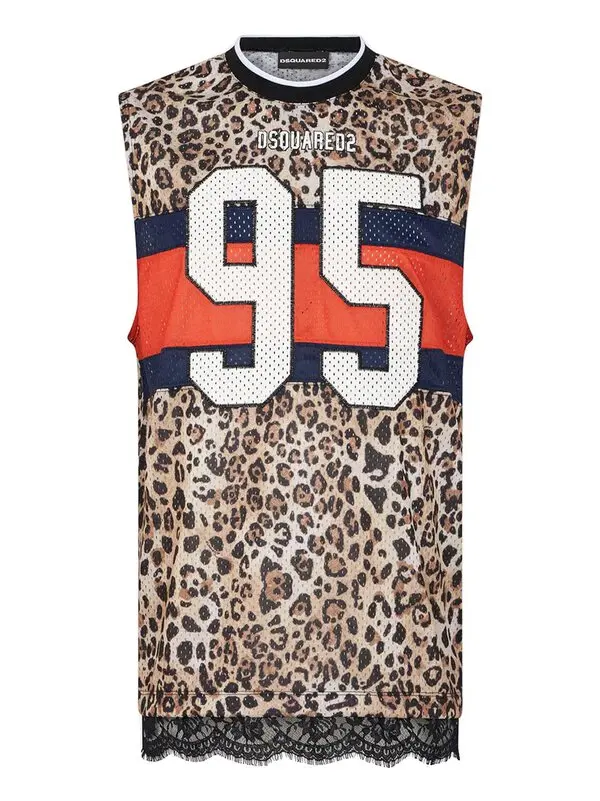 Dsquared2 Wild2" Leopard Print Cigarette Fit T-shirt With Lace Trim - Black