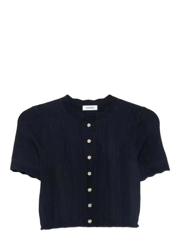 Sandro Pointelle Knit Cropped Cardigan - Blue