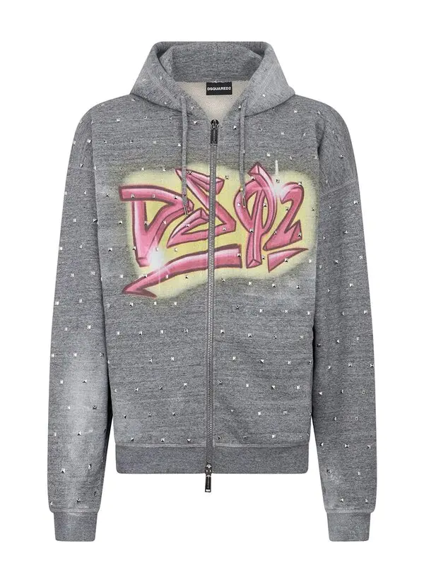 Dsquared2 Graffiti Logo Embellished Zip-up Hoodie - Grey