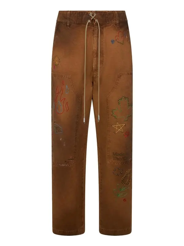 Dsquared2 Straight Leg Embroidered Canvas Cotton Pants - Beige