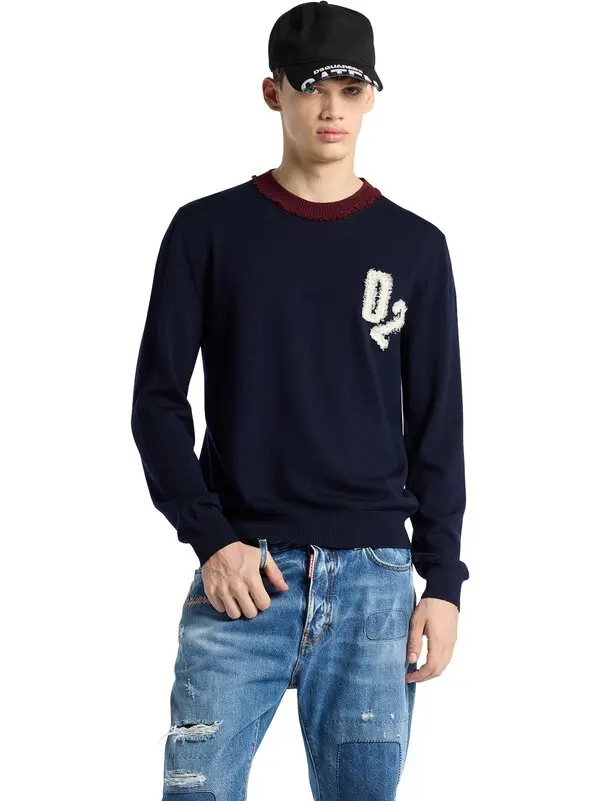 Dsquared2 Wool Pullover With Raw-edge Crew Neck And Patches - Black